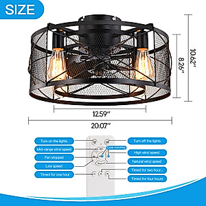 haodengshi Caged Ceiling Fan with Light, 20 In Ceiling Fan Lights with Remote, 3 Speeds Adjustable Black Enclosed Farmhouse Industrial Flush Mount Ceiling Fan for Kitchen Bedroom