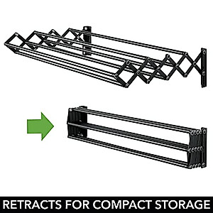 mDesign Steel Wall Mount Accordion Expandable Retractable Clothes Air Drying Rack - 8 Bars for Hanging Garments - Mounted Organizer for Laundry/Utility Room, Bathroom, Garage, Bardo Collection, Black
