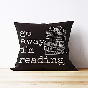 Mancheng-zi Funny Quotes Go Away I'm Reading Throw Pillow Case, Gift for Book Lover Friend, Bedroom Reading Book Club Decor,18 x 18 Inch Black Linen Cushion Cover for Sofa Couch Bed (Black)