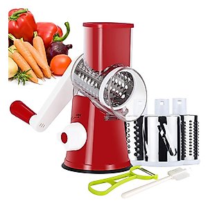 Ourokhome Rotary Cheese Grater Hand Crank, Kitchen Shredder Speed Mandolin Slicer Nut Grinder with Handle and Drum Blades for Cheese, Vegetable, Walnut, Chocolate, Potato, Carrot, 3 Blades, Red