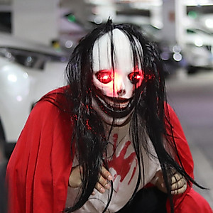 Halloween Mask Ghost face Scary with Hair LED Light up Zombie Horror Full Head Masque Decorations Costume Creepy Cosplay Prop