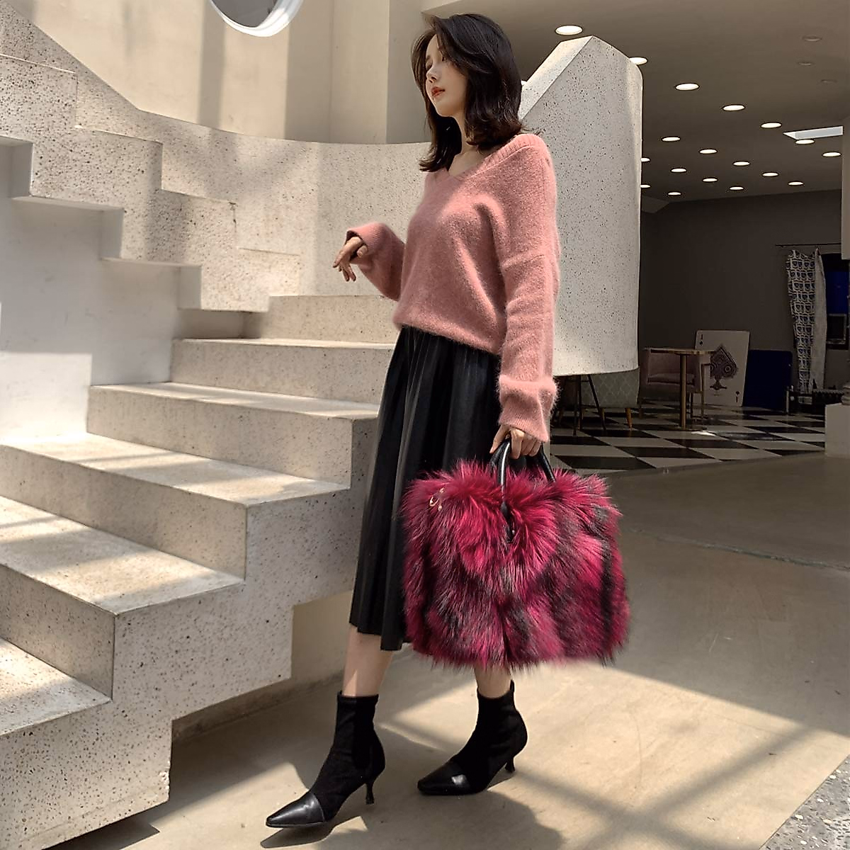 KAISHIN Women Full-pelt Fox Fur Shoulder Bags Ladies Genuine Cowhide Hard Handle Extra Large Handbags Rose