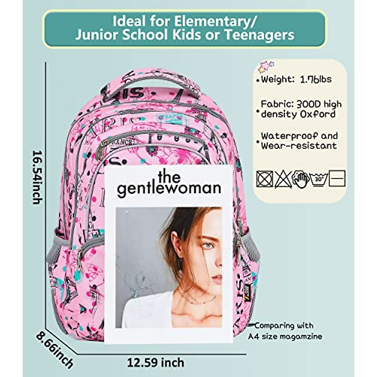 NEW TILAMI Kids Travel School Backpack for Girls,Elementary School Bags for Primary Middle Waterproof Laptop Backpacks for Kids School Bags 16inch 300D High Density Oxford Pink Paris