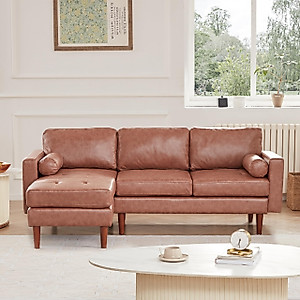 Tbfit 80"W Sectional Sofa Couch, L Shaped Couch with Reversible Chaise, Mid Century Modern Faux Leather Couches for Living Room Apartment Small Space, Convertible Sofa with Tufted Seat Cushion, Brown