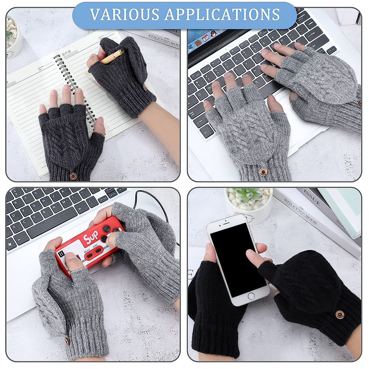 SATINIOR 3 Pairs Winter Knitted Convertible Fingerless Gloves Knit Flip Fingerless Gloves with Fingers Gloves with Cover for Women Men (Multicolored)