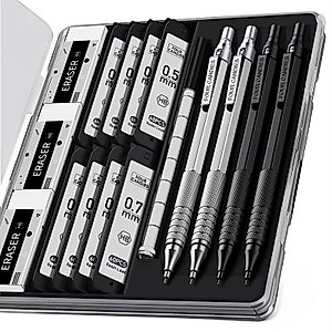 Four Candies 4PCS Metal Mechanical Pencils Set with Case, 0.5mm & 0.7 mm Artist Pencil with 8 Tubes (480PCS) HB Lead Refills, 3 Erasers,9 Eraser Refills For Writing Drafting, Drawing, Black&Sliver