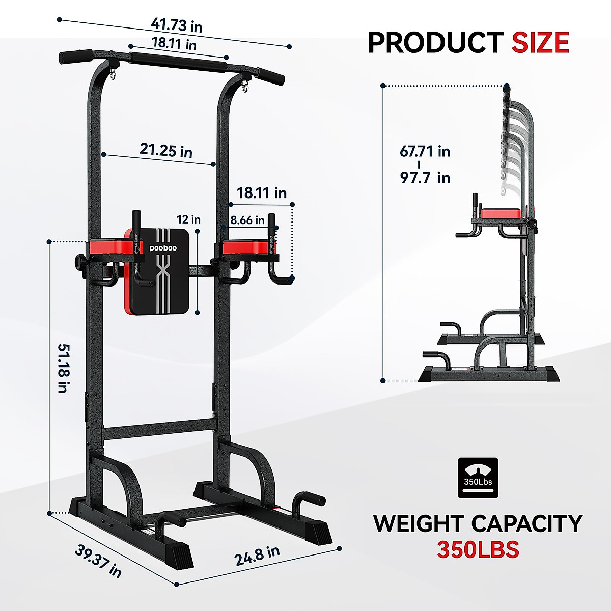 Pooboo Power Tower Dip Station, Pull Up Bar Stand for Fitness Home Gym Workout, Pull Up Dip Station, Multi-Function Power Tower Pull Up Bar,Adjustable Strength Training Fitness Equipment, 350LB Weight