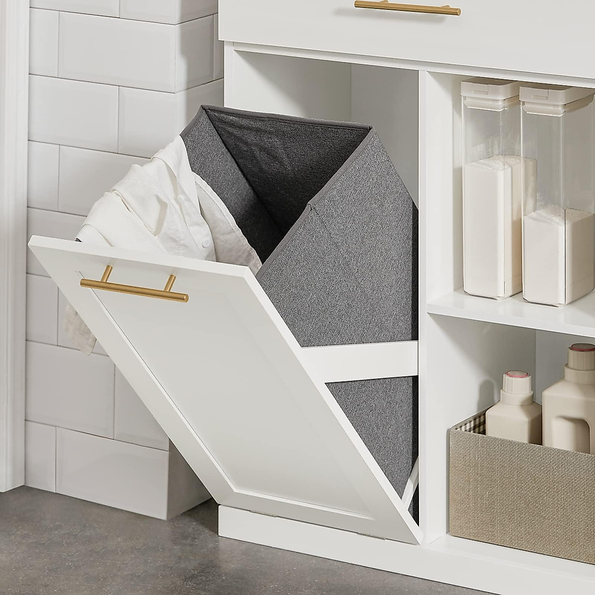 Haotian Bathroom Laundry Cabinet, Tilt-Out Laundry Hamper, Narrow Storage Cabinet with Drawer and Shelves, Bathroom Storage Cabinet Unit with Removable Basket, White BZR66-W