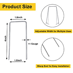 Whonline 100pcs Landscape Staples 4 Inch 11 Gauge Heavy Duty Galvanized Garden Stakes, Drip Irrigation Stakes for Securing Irrigation Tubing Fabric Weed Barrier Ground Sheets