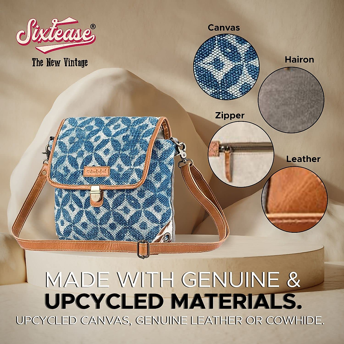 SIXTEASE Womens Shoulder Bag Vintage Style Shoulder Bags for Women - Made with Genuine Leather, Upcycled Canvas, or Hair On - Handmade, Adjustable Strap, Brass and Zinc Hardware - Legacie