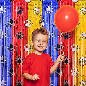 Bupelo Paw Birthday Decorations, 2 Pack Gold Red and Blue Paw Birthday Party Supplies 3.3 x 6.6ft Tinsel Foil Fringe Curtains Photo Booth Props Backdrop Streamers, House Doorway Room Decor for Kids