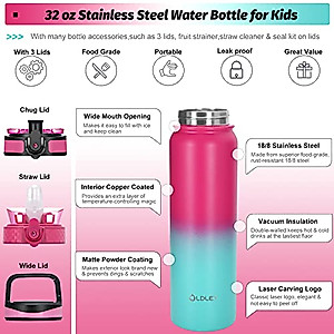 Oldley Insulated Water Bottle with Straw 32oz Stainless Steel Water Bottles with 3 lids Double-Wall Vacuum Thermal for Kids Adults School Sports,Ombre-Purple green