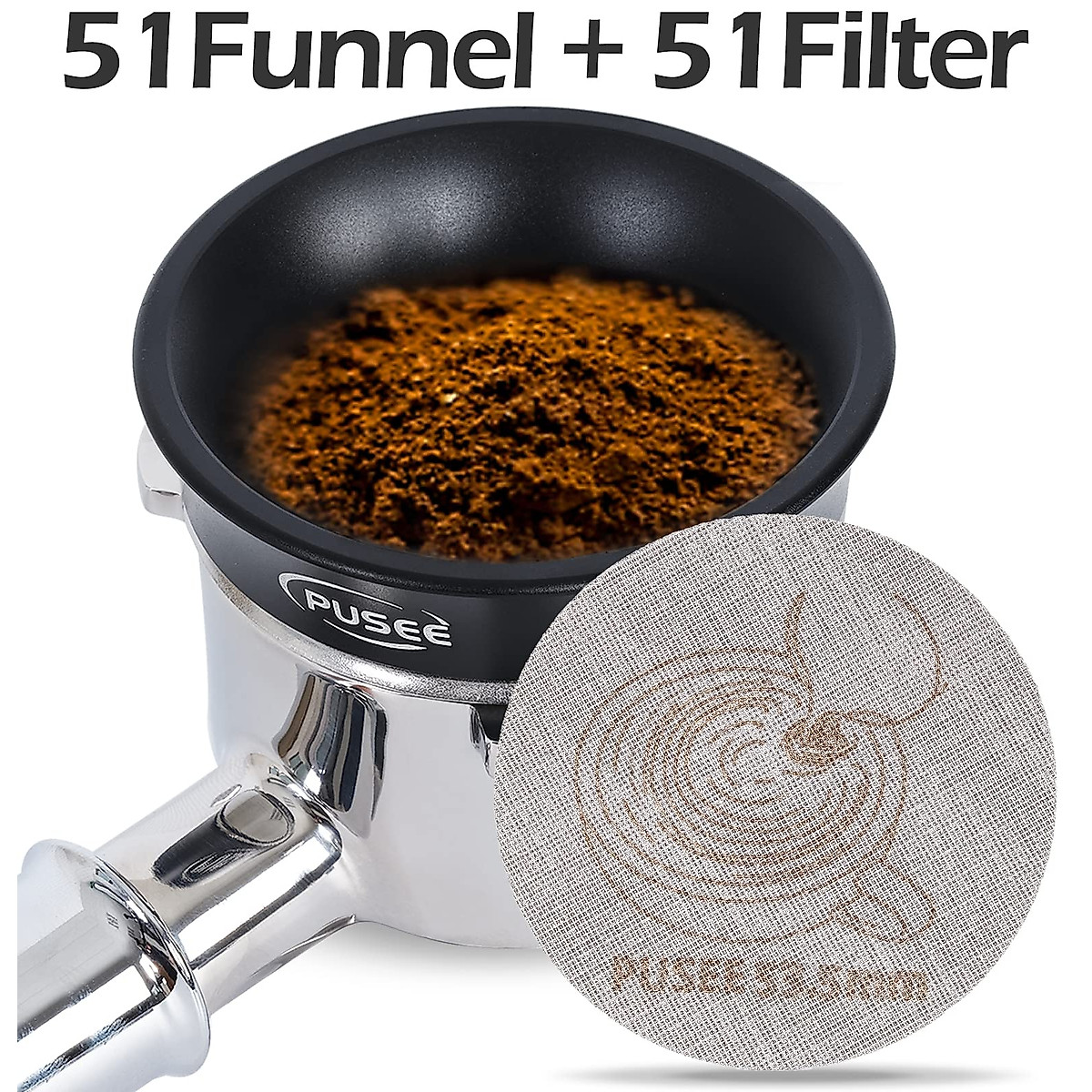 PUSEE 51mm Espresso Dosing Funnel & 51mm Puck Screen, Magnetic Coffee Dosing Ring Aluminum Metal,Reusable 1.7mm Thickness 150μm Espresso Puck Screen 316 Stainless Steel Fits 51mm Portafilter