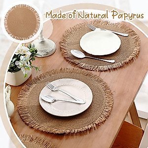 Tioncy 24 Pcs (12 Sets) Round Boho Woven Paper Placemats and Braided Coasters 12 Pcs 15 Inch Heat Resistant Table Mats 12 Pcs 7 Inch Non Slip Drink Coaster for Wedding Kitchen Dining Party Banquet