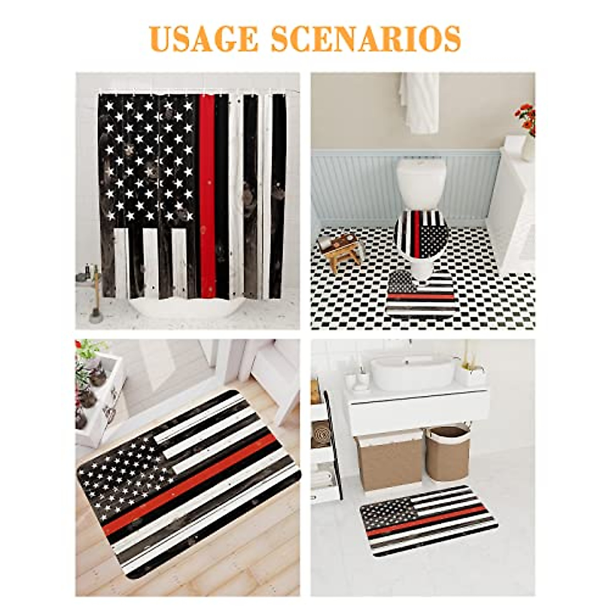 4 PCS Independence Day USA Flag Shower Curtain Set with Bath Rugs,American Red Line Fireman Waterproof Curtains Soft Bathroom Non-Slip Floor Mats Toilet U-Shaped Pad and Toilet Lid Covers Wood Plank