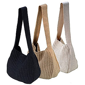 Womens Crocheted Hobo Bag Aesthetic Shoulder Knit Crochet Tote bag Knitted Accessory Boho Purse for Ladies Black