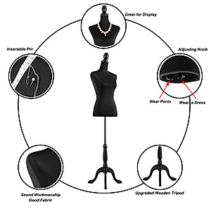 HAORUI Dress Form Mannequin Torso with Adjustable Tripod Stand, Pinnable Female Mannequin Body Manikin for Sewing, Dressmaker, Home Decor, Jewelry Display (Black)