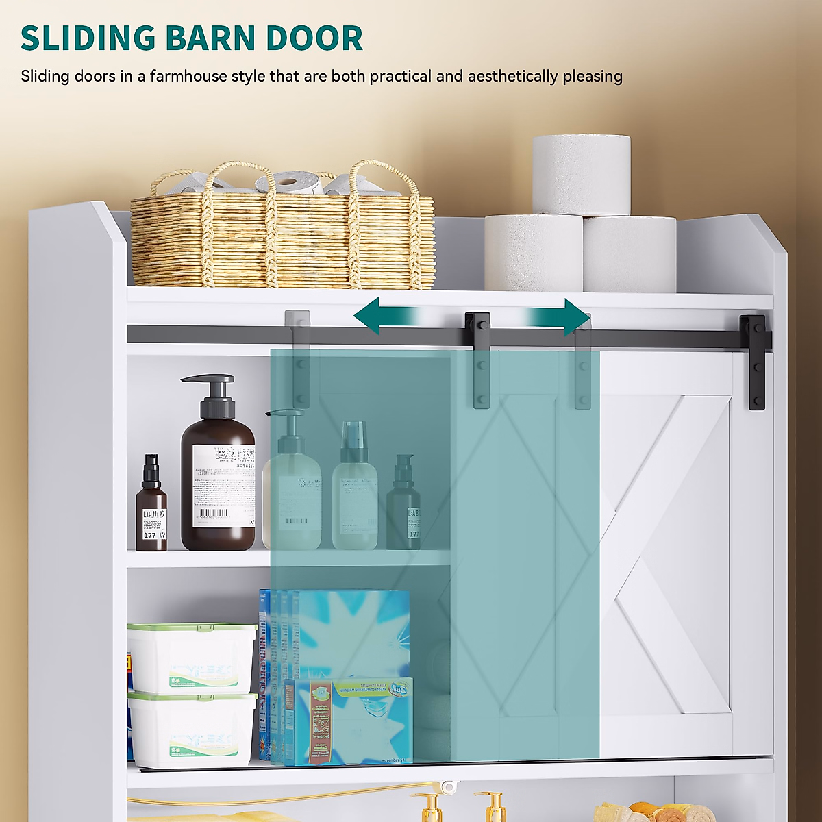 YITAHOME Over The Toilet Storage Cabinet, Farmhouse Storage Cabinet with Sliding Door, Infrared Sensor Light, Home Space-Saving Toilet Rack for Bathroom, Restroom, Laundry, White