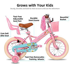 JOYSTAR 14 Inch Kids Bike Little Daisy Girls Bike with Training Wheels Doll Bike Seat Basket & Streamers Princess Kids Bicycle for Girls Toddler Bike 3-5 Years Pink