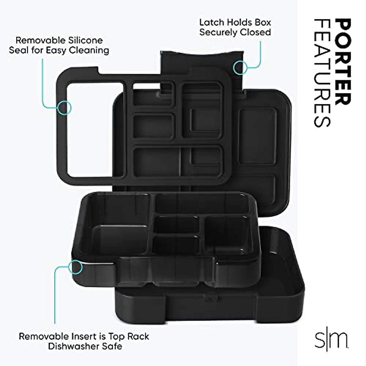 Simple Modern Bento Lunch Box for Kids | BPA Free, Leakproof, Dishwasher Safe | Lunch Container for Boys, Toddlers | Porter Collection | 5 Compartments | Midnight Black