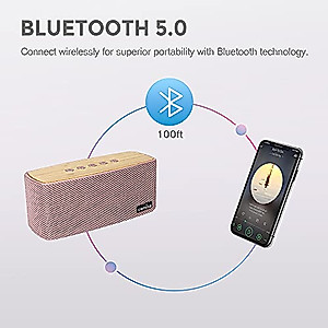 comiso Bluetooth Speakers, 20W Loud Wood Home Audio Outdoor Portable Wireless Speaker, Subwoofer Tweeters for Super Bass Stereo Sound Bluetooth 5.0 Handsfree 24H Playtime (Pink)