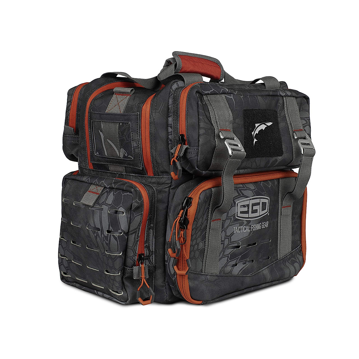 Ego Kryptek Tackle Box, Fishing Pack with 4 Accessory Trays, Water Resistant PVC, Multiple Storage Pockets, Tool Bag, G-Hook Closure System