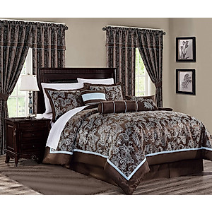 Chezmoi Collection Tuscany 7-Piece Blue Brown Paisley Floral Jacquard Comforter Bedding Set, King Size