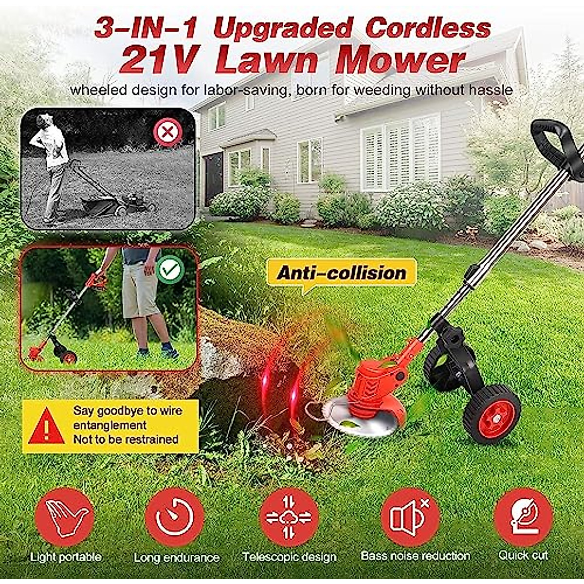 Weed Wacker Battery Operated Edger Trimmer 21V 2000mAh, Electric Weed Eater Cordless Brush Cutter, 3-in-1 Lawn Edger Grass Trimmer Adjustable Mini Lawn Mower, 8 Blades, 1 Wheel, 2 Batteries,1 Charger