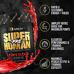 ALPHA LION Pre Workout Powder, Beta Alanine, L-Taurine & Tri-Source Caffeine for Sustained Energy & Focus, Nitric Oxide & Citrulline for Pump (21 Servings, Lion's Blood Flavor)