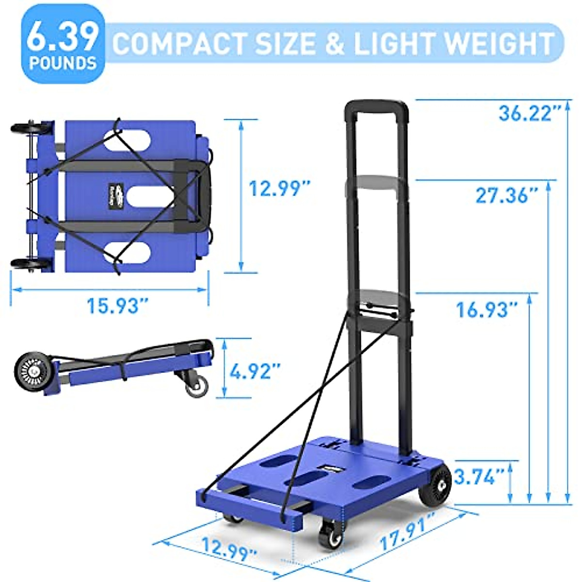 Ronlap Folding Hand Truck, Portable Dolly Cart Foldable Lightweight, 4 Wheels Push Cart Dolly for Moving, 265lbs Heavy Duty Moving Dollys with Wheels, Small Platform Hand Cart with 2 Ropes, Blue
