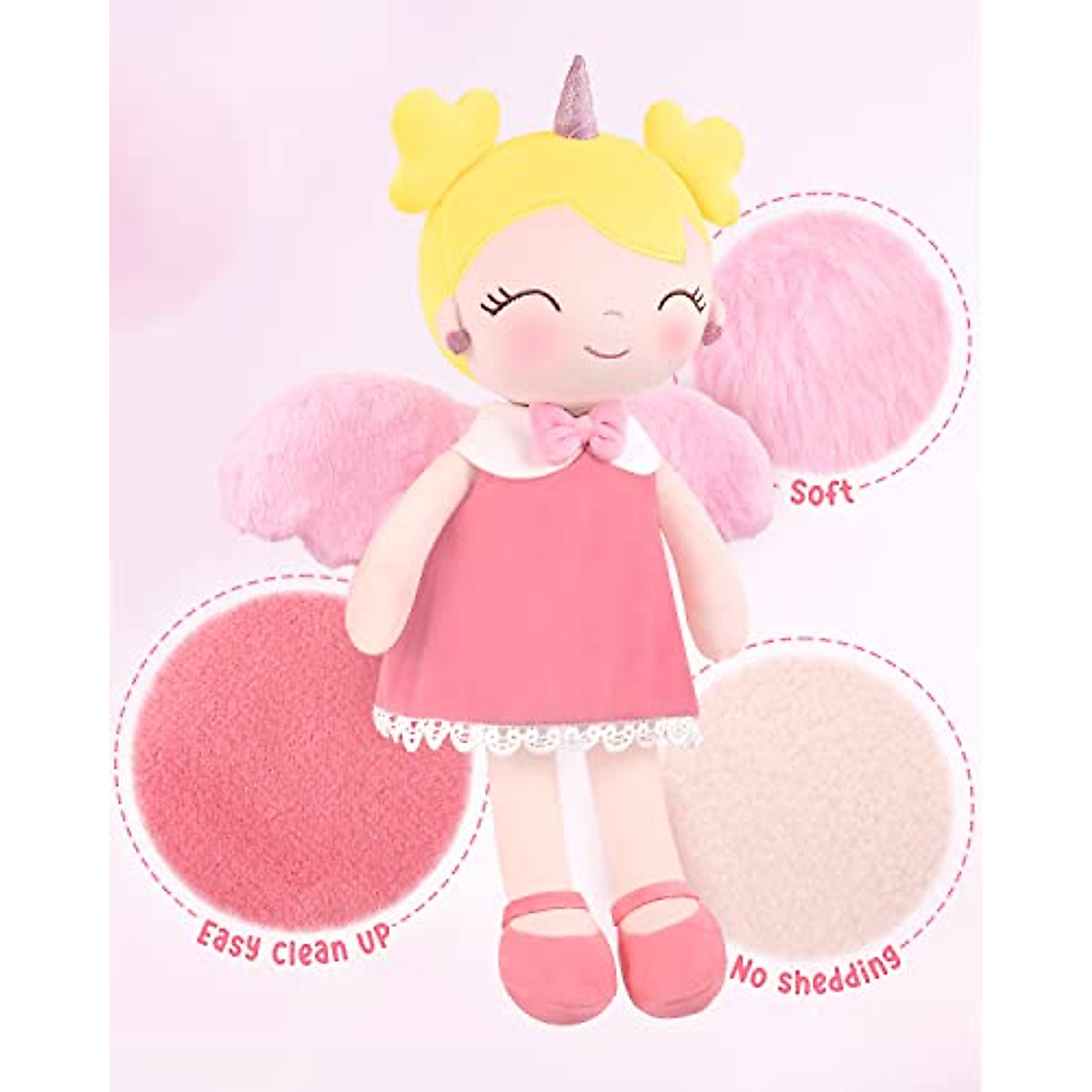 GAGAKU Soft Baby Doll Plush Unicorn Girl Angle with Wings 17” Cute Plush Baby Toys for Baby and Toddler - Pink