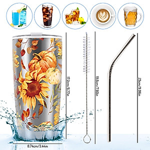 Whaline Fall Watercolor Sunflower Tumbler Stainless Steel Wine Tumbler with Straw and Cleaning Brush Autumn Thanksgiving Coffee Mug Cup for Women Girlfriend Besties Wife Lover Spouse Squash Gifts,1Pcs