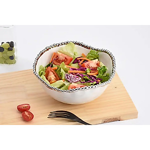 Pampa Bay Salerno Porcelain Salad Serving Bowl with Titanium-Plated Beaded Rim, Medium, White/Silver