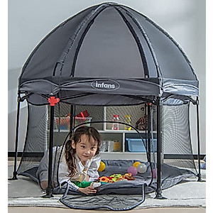 INFANS Baby Playpen with Removable Mesh & UV Canopy, 53" Portable Playhouse with Carry Bag, Dome, Padded Floor, Easy Folding Playard Activity Center (Dark Grey)