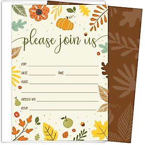 Koko Paper Co Fall Invitations in Autumn Colors with Pumpkin, Fruits and Florals. 25 Fill In Style Cards and Envelopes for Thanksgiving, Harvest Party, Birthday, Engagement, Bridal and Baby Shower, or