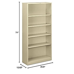 HON - Metal Bookcase, 5 Shelves, 34-1/2w x 12-5/8d x 71h, Putty - Sold As 1 Each - 34-1/2w x 12-5/8d. Shelves adjust in 1/2" increments.