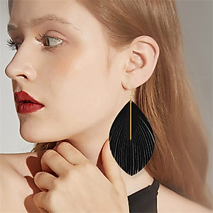 9 Pairs Handmade Lightweight Vintage Bohemian Leather leaf Dangle drop Earrings Sets Elegant Large PU Fringe Feather Hook Earring With Gold Bar for Women Girls Statement Jewelry Gifts (9 Pairs)