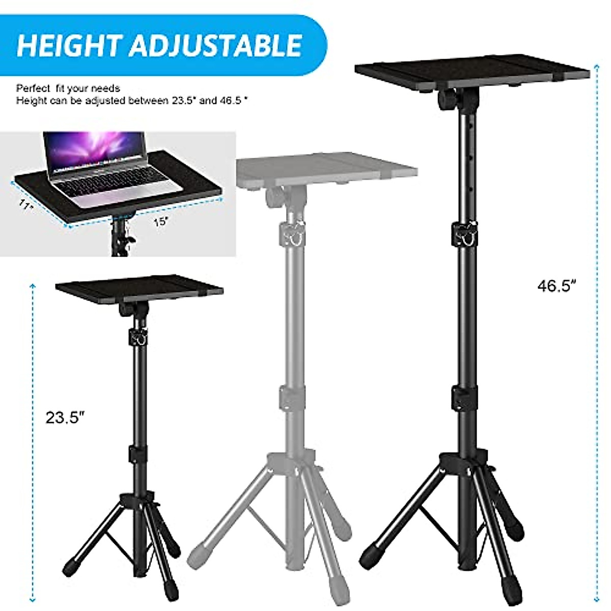 Tanenuos Projector Stand Tripod from 23.5" to 46.5" Adjustable Height, Laptop Tripod Stand with Gooseneck Phone Holder, Laptop Floor Stand for Office, Home, Stage, Studio, DJ Racks Holder Mount