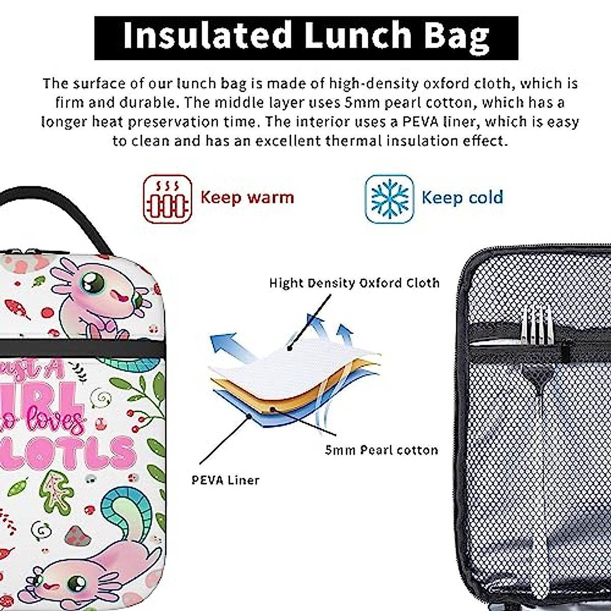 UTtitr Insulated Lunch Bag Who Loves Axolotls Reusable Lunch Box Portable Leak-Proof Lunch Container Meal Prep Organizer Cooler Bag With Bottle Holder For Men Women Work Friends Picnic Hiking Camping