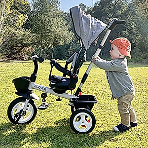 BOOWAY Baby Trike, 6-in-1 Kids Stroller Tricycle with Adjustable Push Handle, Removable Canopy, Safety Harness for 6 Months - 5 Year Old
