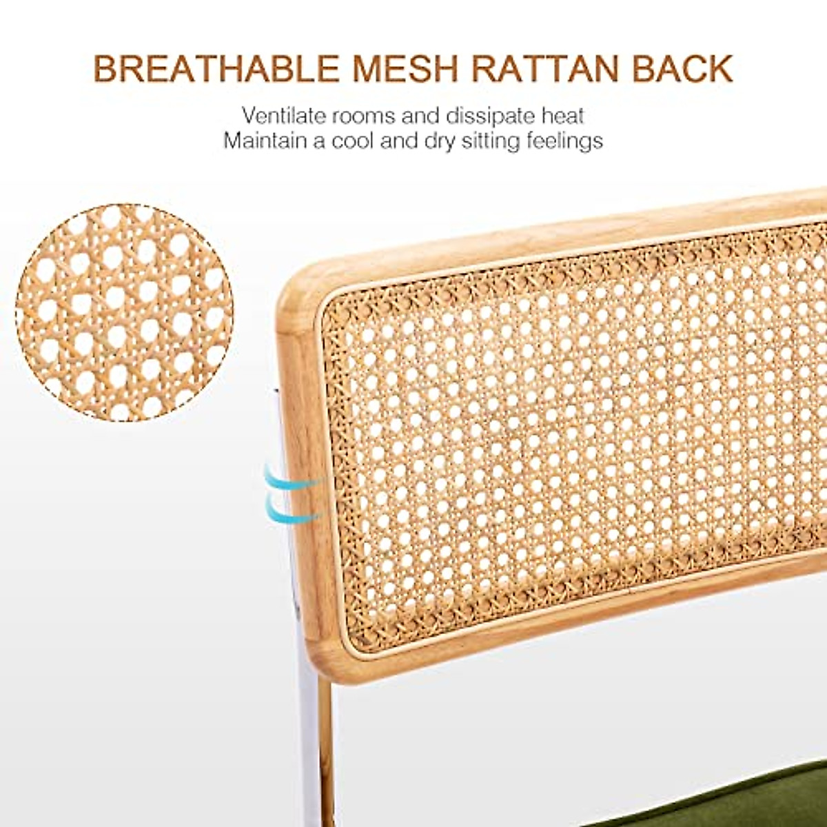 Zesthouse Modern Counter Height Stools, 24'' Natural Rattan Barstools Set of 2, Velvet Kitchen High Chairs with Backs, Mid Century Cantilevered Design Counter Chairs Island Stools, Green