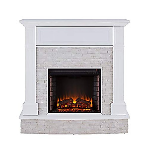SEI Furniture Jacksdale Faux Stone Accent Electric Hidden Media Shelf Fireplace, White