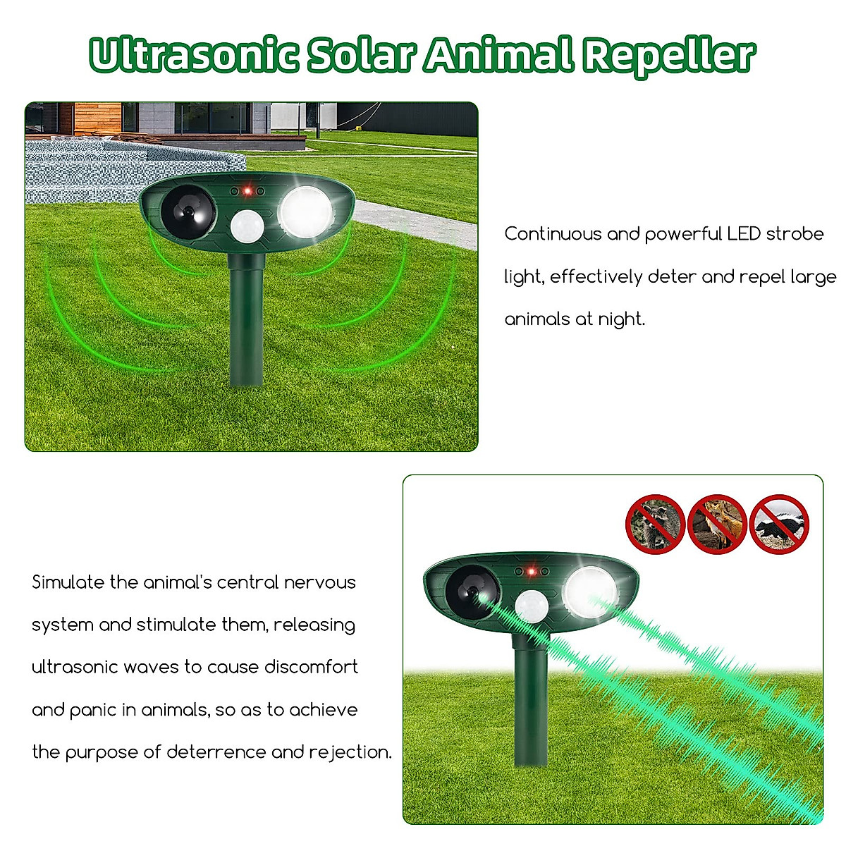 2 Pack Upgraded Ultrasonic Animal Repeller Outdoor,Solar Animal Repeller with Motion Sensor & Deterrent Light to Scare Raccoon Cat Rabbit Squirrel Skunk Dog Deer Repellent Devices for Yard Protection