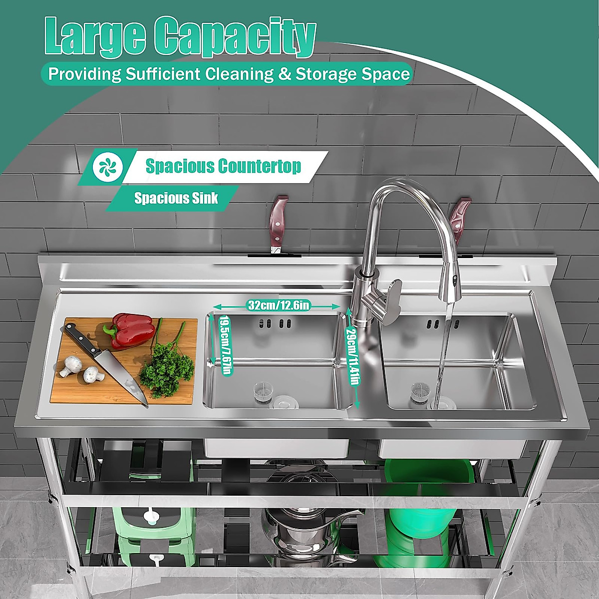 LIYUANJUN 3 Tier Commercial Sink, 201 Stainless Steel Sink With 2 Washing Hand Basins&Drain Pipe&Faucet Indoor Floor Standing Sink for Kitchen Hotel Restaurant Storage Shelves