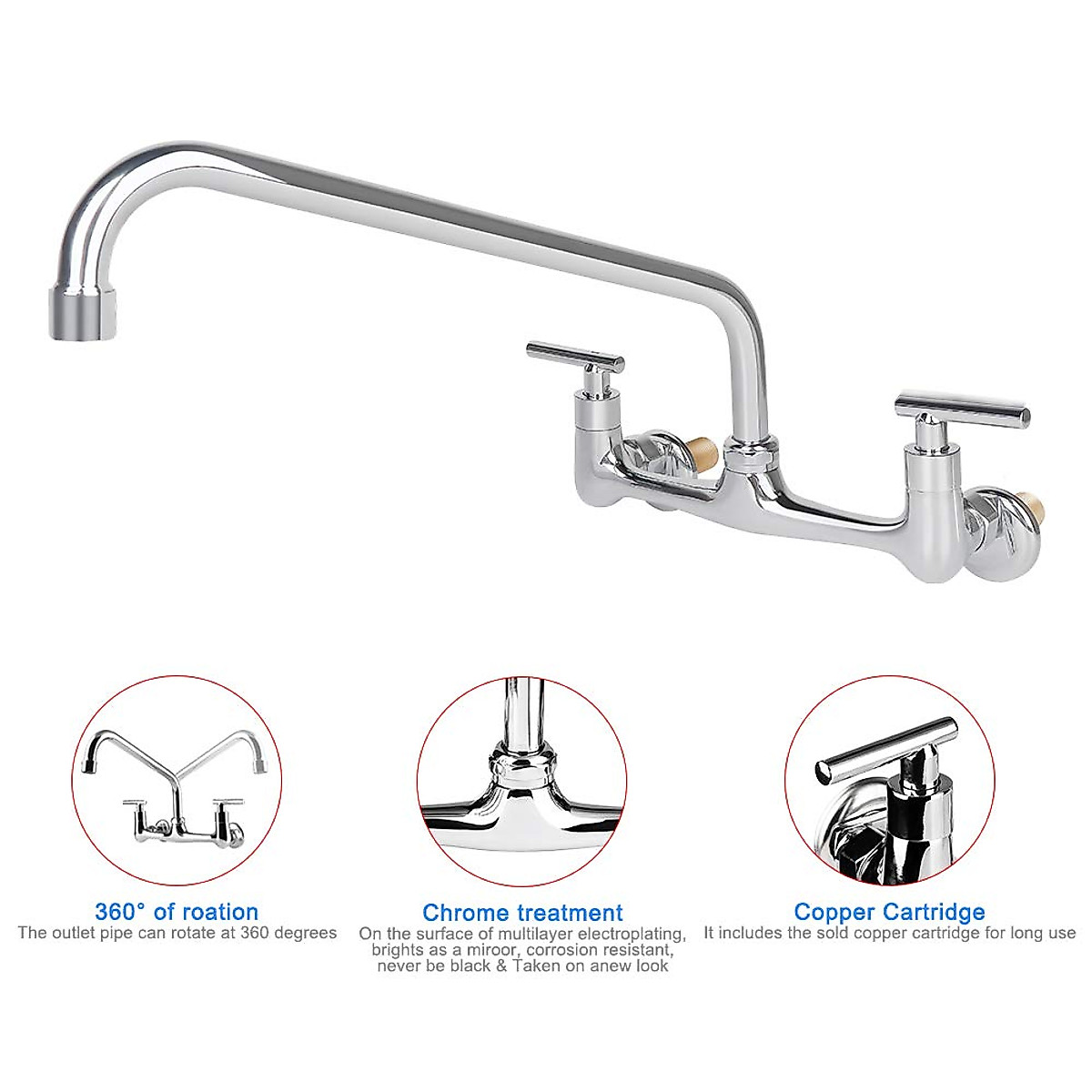 XIUBE Wall Mount Kitchen Sink Faucet with 14 inch Swivel Spout 8 Inch Center Commercial Sink Faucet for Compartment prep and Backsplash Mount Restaurant Sink 2-Handles Faucet Chrome Finish
