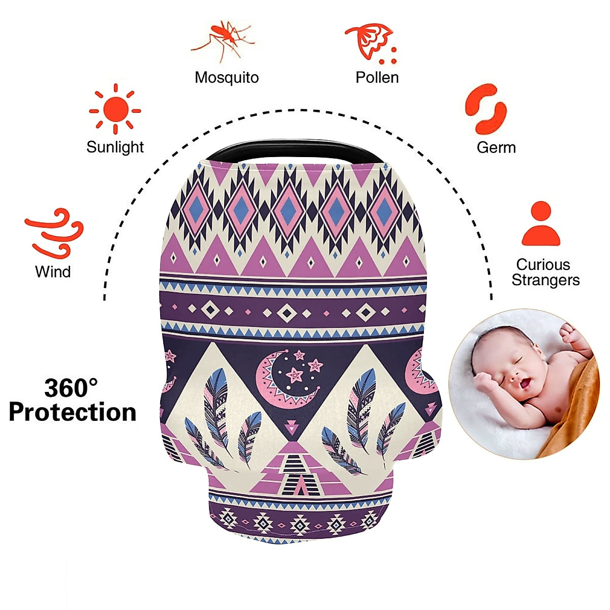 Nursing Cover Breastfeeding Scarf Purple Tribal Striped Aztec Geometric Print Baby Car Seat Covers Soft Breathable Infant Carseat Canopy Stroller Cover for Boys Girls