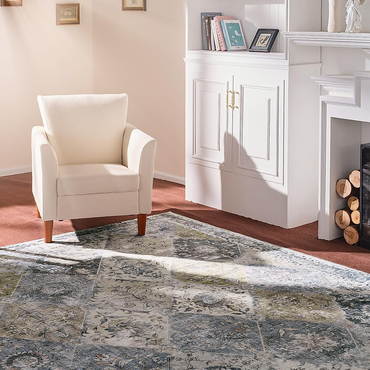 Moroccan 6x9 Area Rug for Living Room, Ultra-Thin Soft Office Carpet, Washable Oriental Bedroom Rug, Distressed Non Shedding Throw Rug, Non-Slip Indoor Accent Rugs for Dining Room