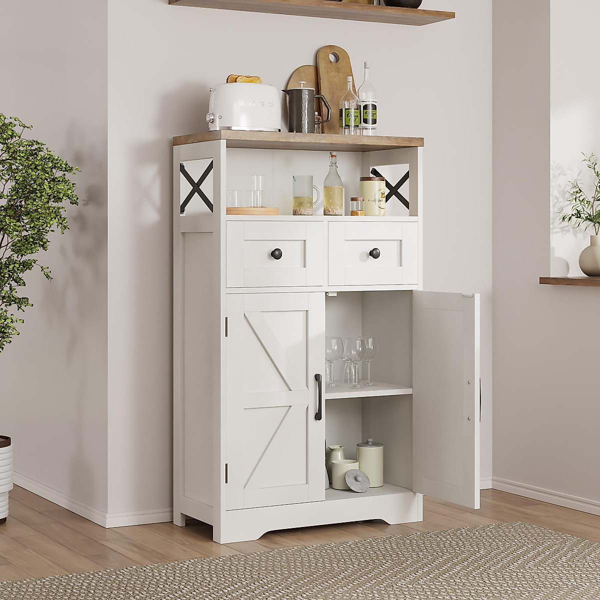 Befrases Farmhouse White Storage Cabinet with Doors and Drawers, Freestanding Kitchen Pantry Cabinet, Floor Storage Cabinet Hutch Cupboard for Kitchen/Laundry/Living Room/Bedroom