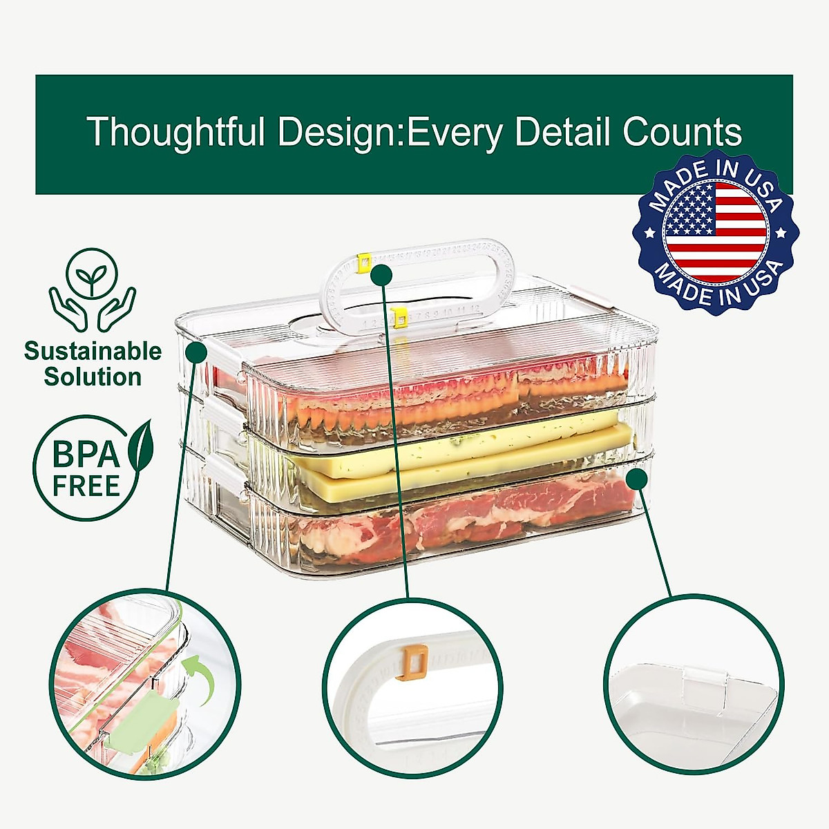 spaclatio Deli Meat Container for Fridge, 3 Layer Lunch Meat Container for Refrigerator Organizing, Deli Containers with Lids Food Storage Container Bacon Cheese Container for Refrigerator