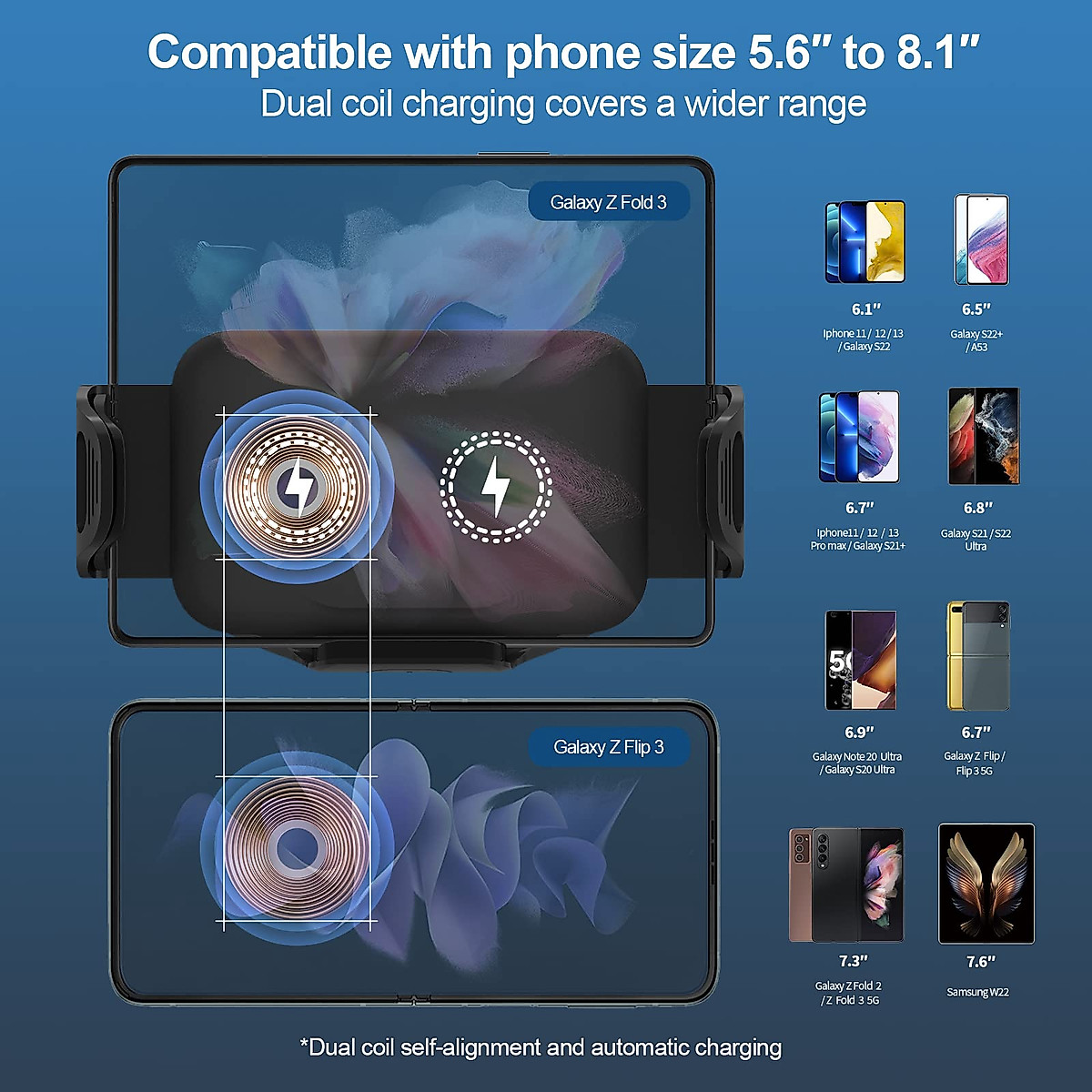 Wireless Car Charger Mount, 15W Dual Coils Fast Charging Car Phone Holder for Air Vent & Dashboard, Compatible with Galaxy Z Fold 4/3/2/Z Flip 4/3/iPhone 14/13/12/11/X/8 Series/Samsung S23 Ultra